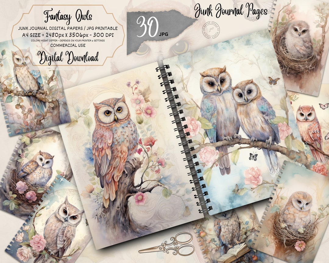 Fantasy Owl Junk Journal Kit, Watercolor Owl Journal Pages, Owl Junk ...