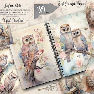 Fantasy Owl Junk Journal Kit, Watercolor Owl Journal Pages, Owl Junk ...