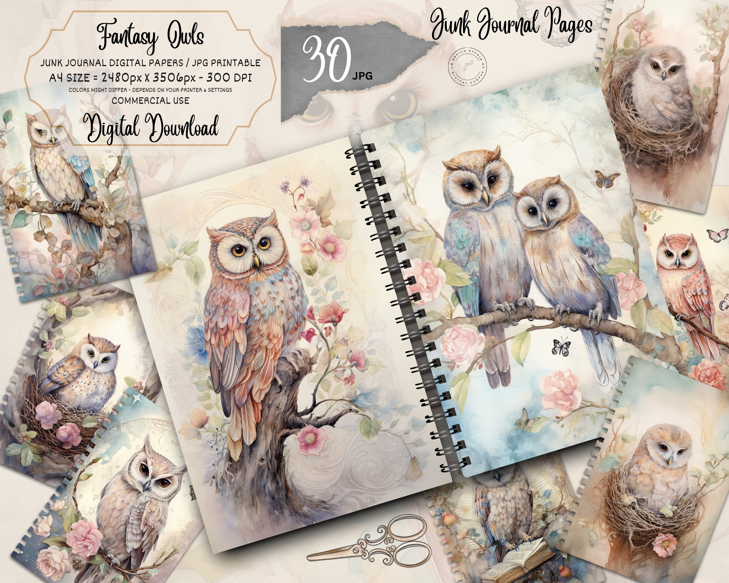 Fantasy Owl Junk Journal Kit, Watercolor Owl Journal Pages, Owl Junk ...