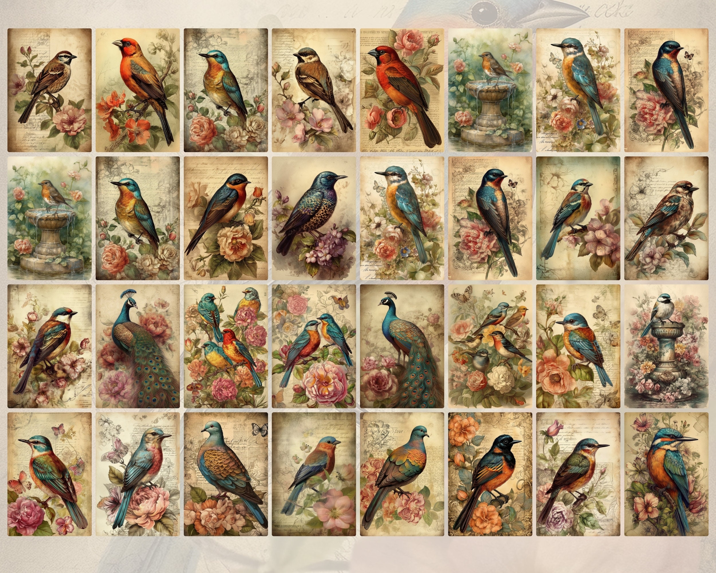 Vintage Bird Junk Journal Pages, Digital Floral Scrapbook Paper Kit ...