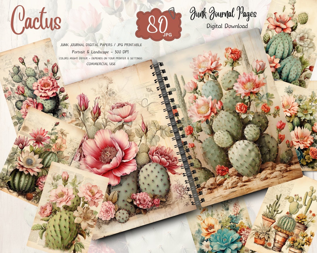 Cactus Junk Journal Kit, Watercolor Cactus Succulent Journal Pages ...