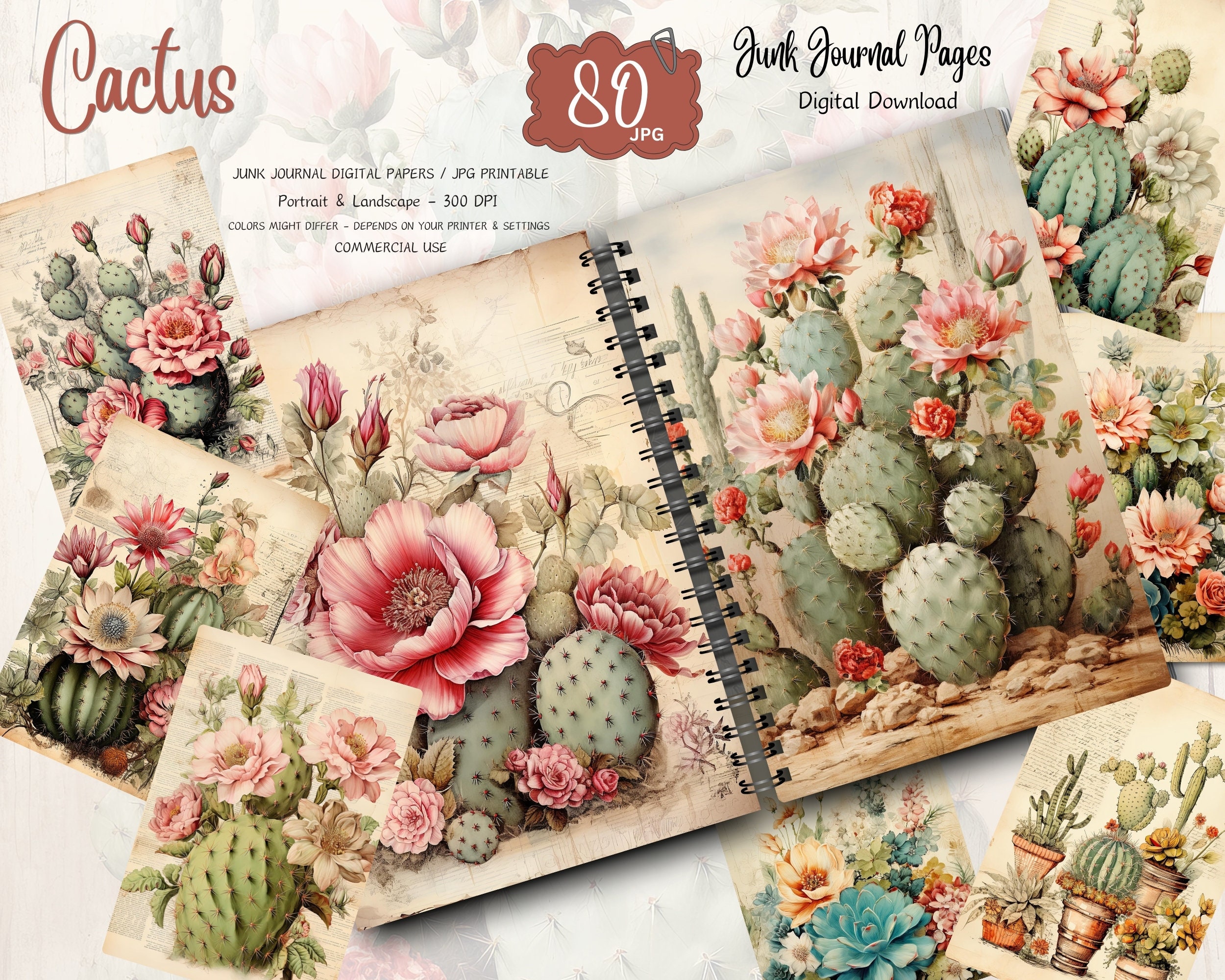 Cactus Junk Journal Kit, Watercolor Cactus Succulent Journal Pages ...