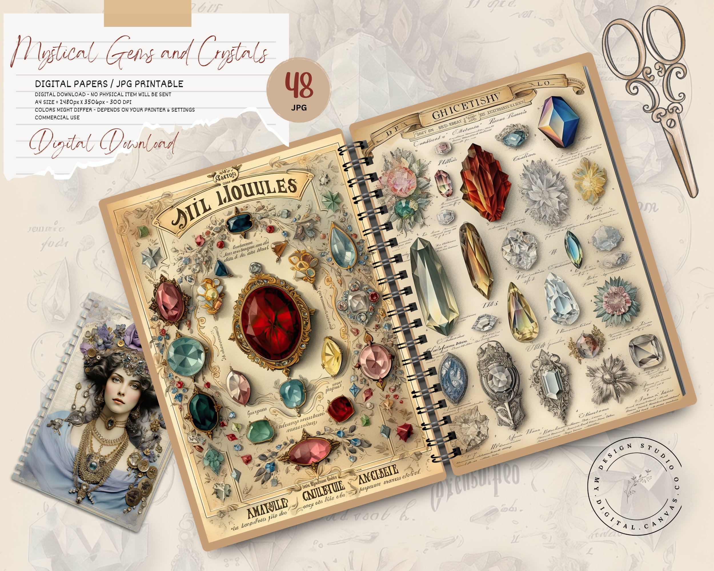 Mystic Crystals Junk Journal Pages, Digital Scrapbook Paper Kit, Magic ...