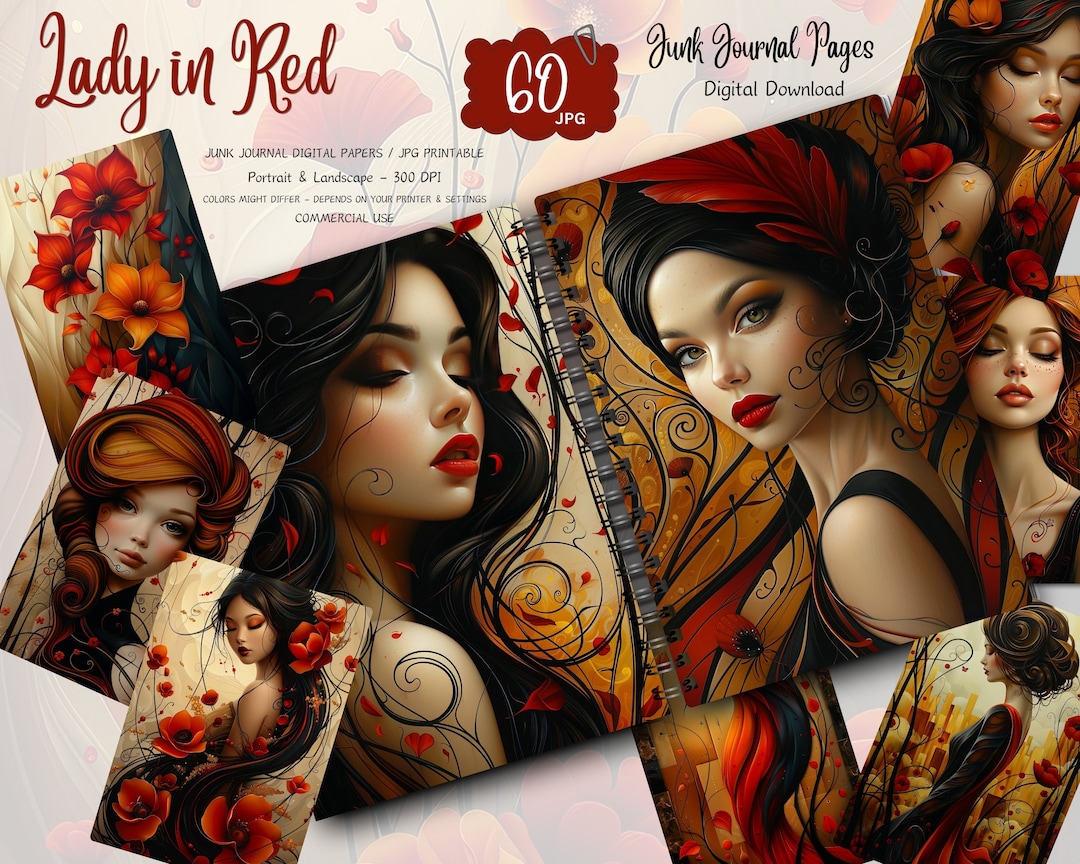Watercolor Lady in Red, Junk Journal Printable Pages, Digital Download ...