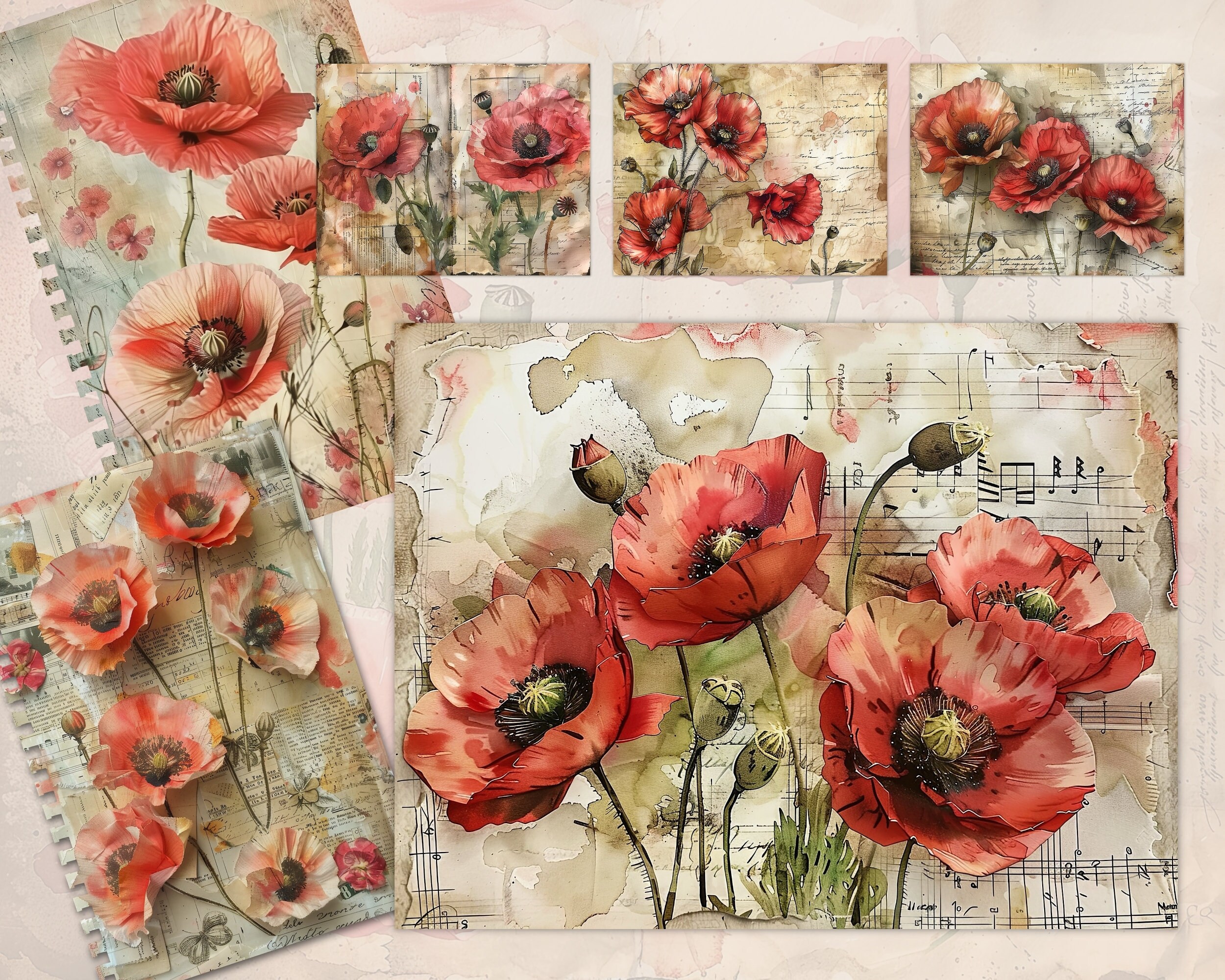 Watercolor Poppies Junk Journal Pages, Poppies Paper, Flower Junk ...