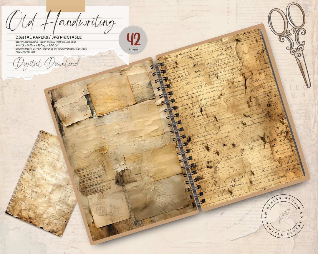 Old Handwriting Junk Journal Pages, Digital Scrapbook Paper Kit ...