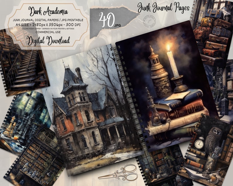 Dark Academia Junk Journal Pages, Digital Scrapbook Paper Kit, Gothic ...
