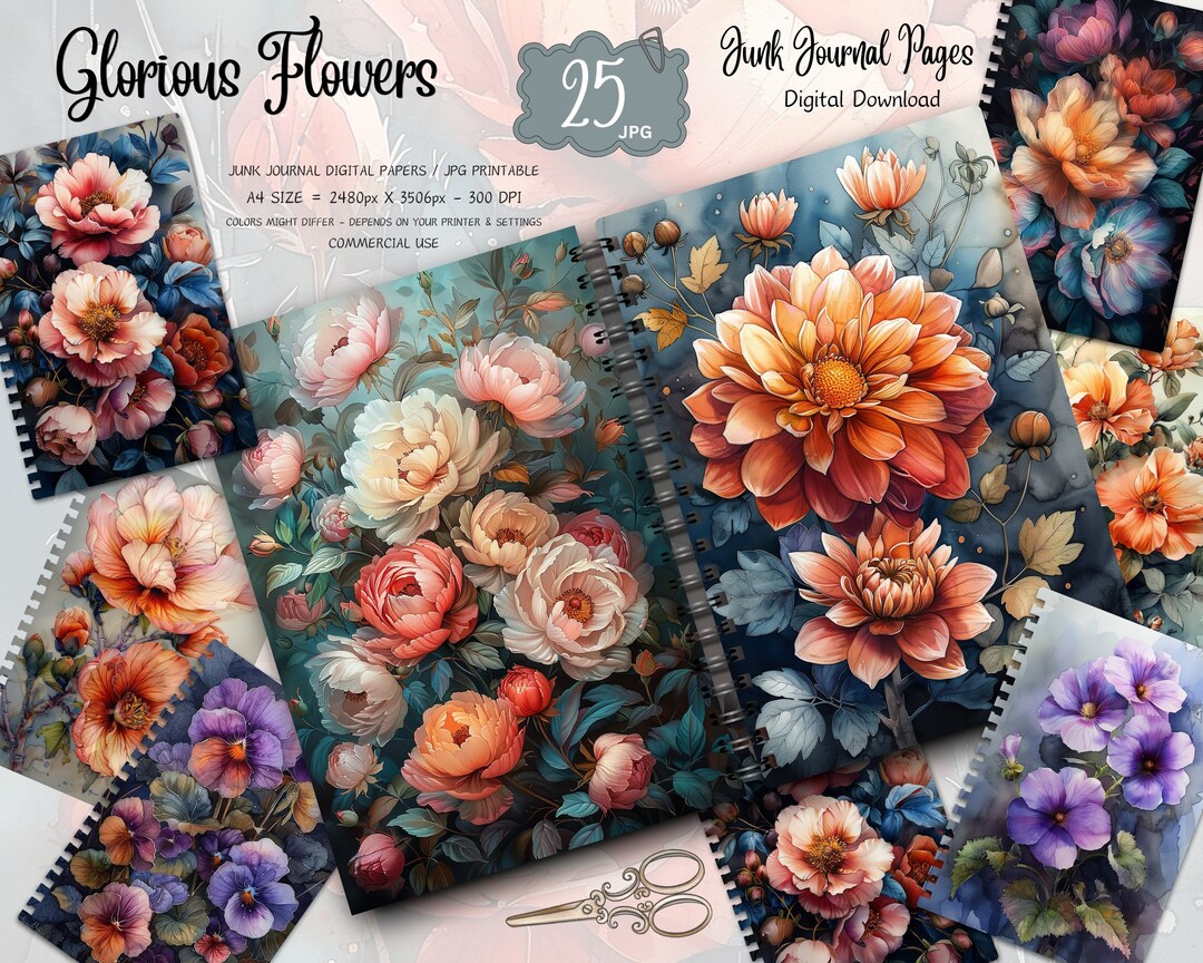 Watercolor Flower Junk Journal Printable Page, Flowers Junk Journal Kit ...