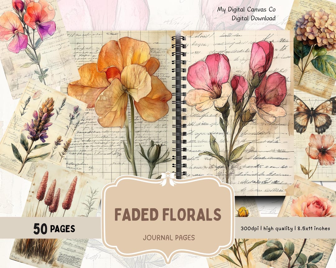 Faded Florals Junk Journal Pages, Vintage Botanical Flowers, Digital ...
