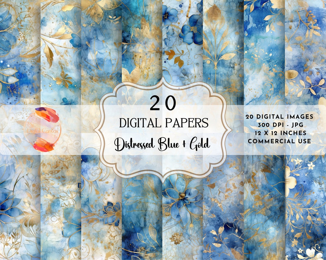 Distressed Blue and Gold Digital Paper: Vintage Grunge Textures ...
