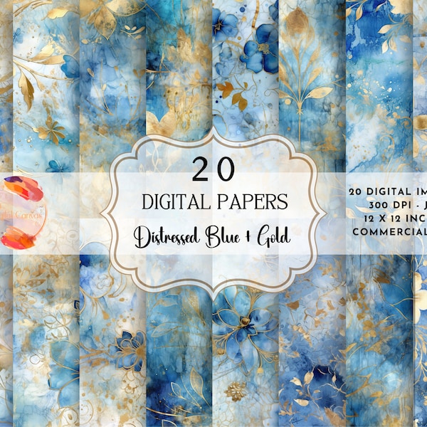 Blue and Gold Digital Paper - Etsy