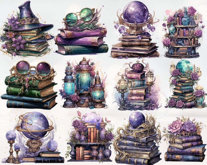 Watercolor Fantasy Books Clipart Galaxy Wizard Book Stacks and Shelves ...