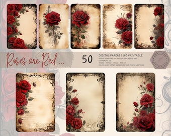 18 Page Dark Red Roses Botanicals Junk Journal Pages, Digital Download ...