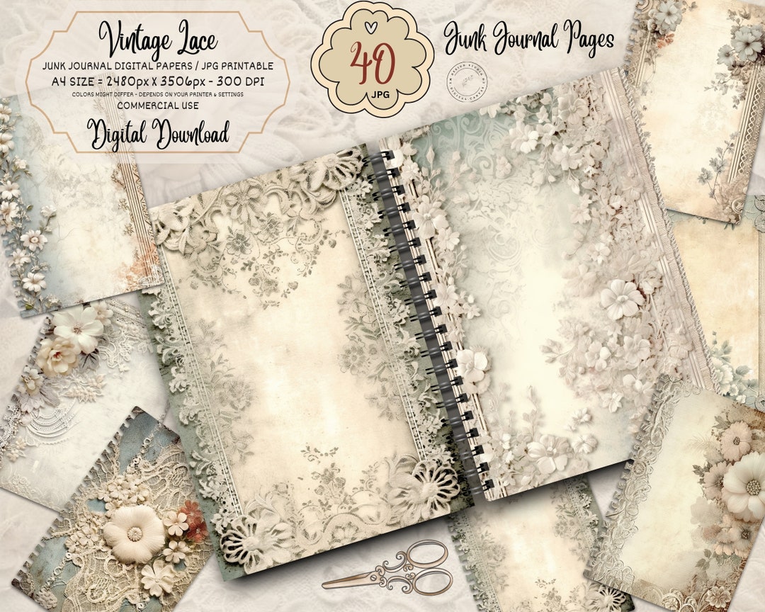 Vintage Lace Backgrounds, Digital Junk Journal Pages, Printable Grunge ...
