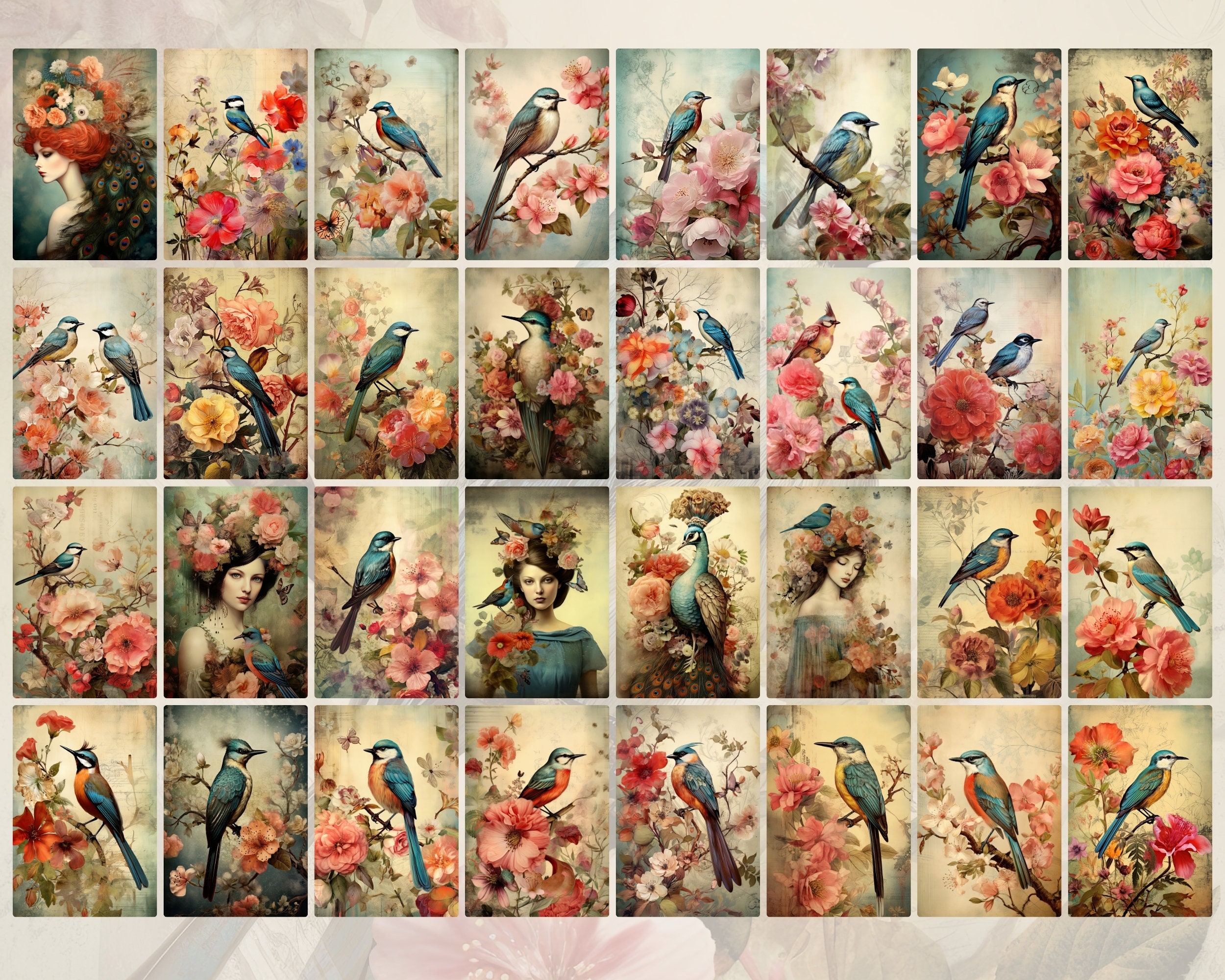 Vintage Bird Junk Journal Kit, Digital Floral Scrapbook Paper Kit ...
