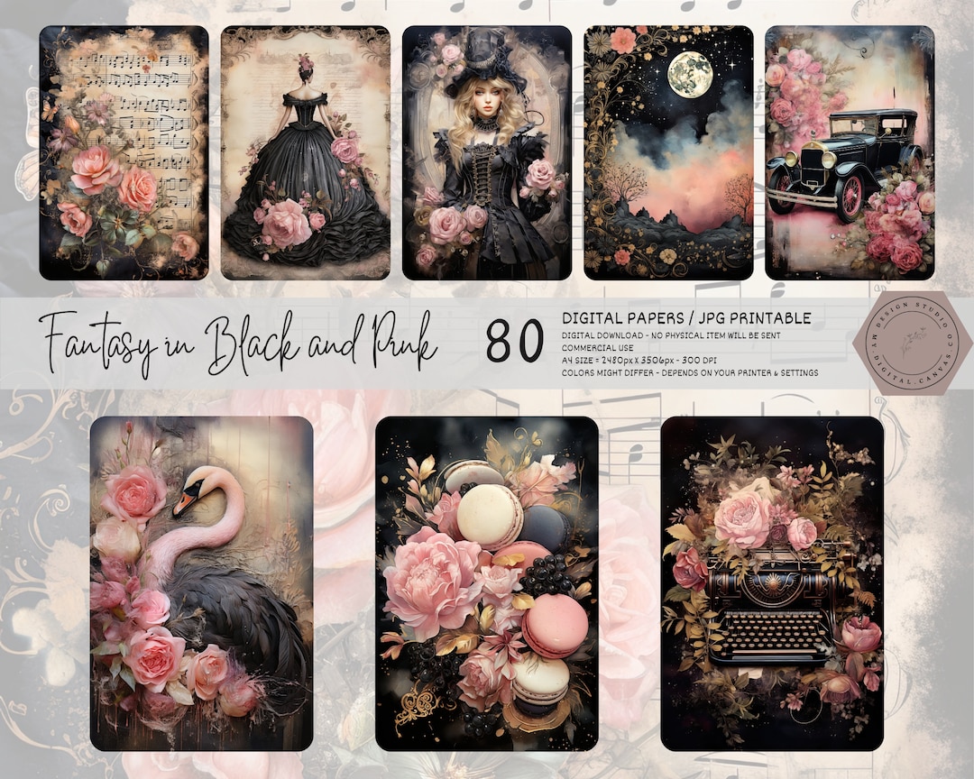 Big Bundle, Black Pink Junk Journal Paper, Digital Download, Watercolor ...