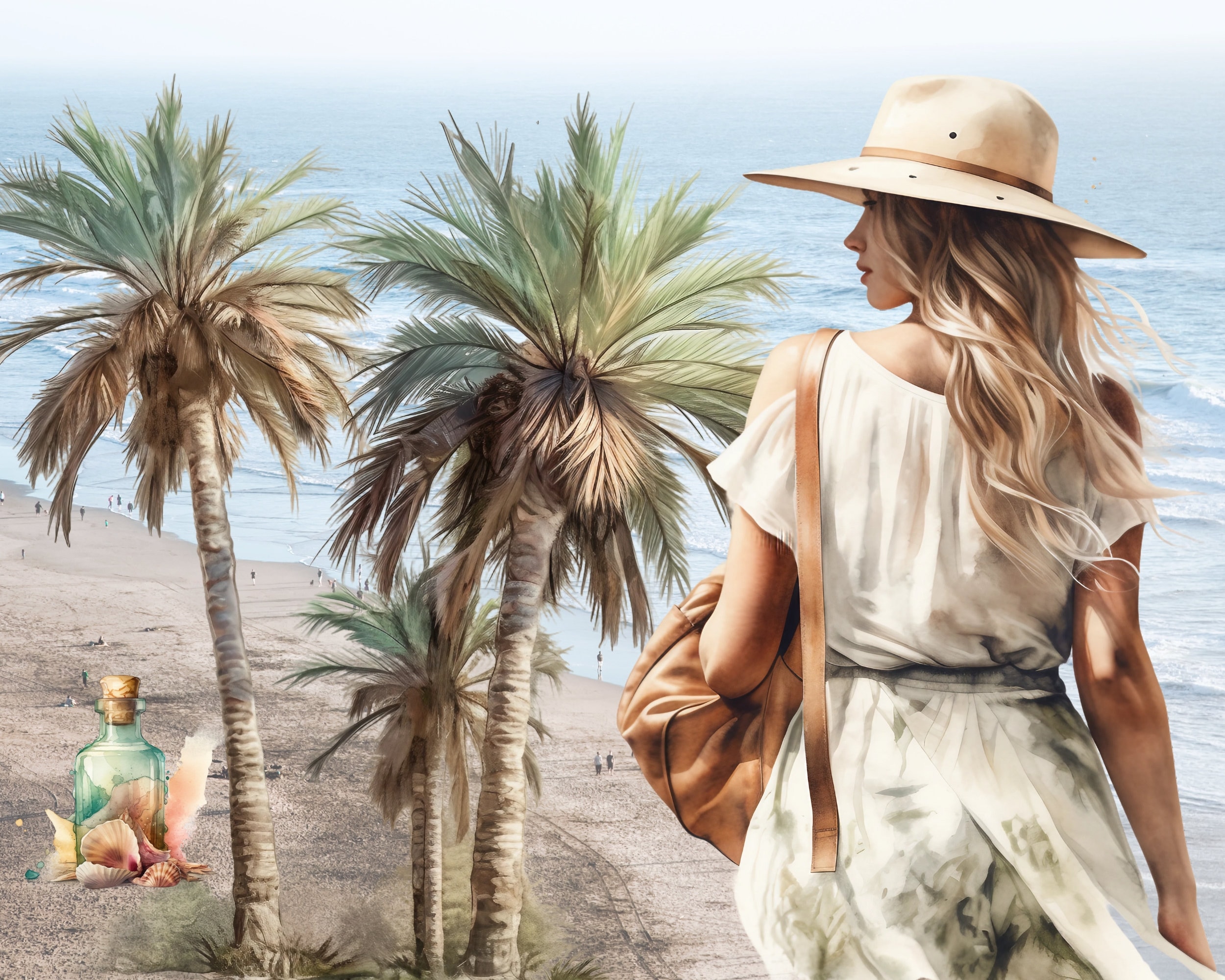 Vintage Summer Beach Watercolor Clipart Set, Vacation Clip Art, Boho ...