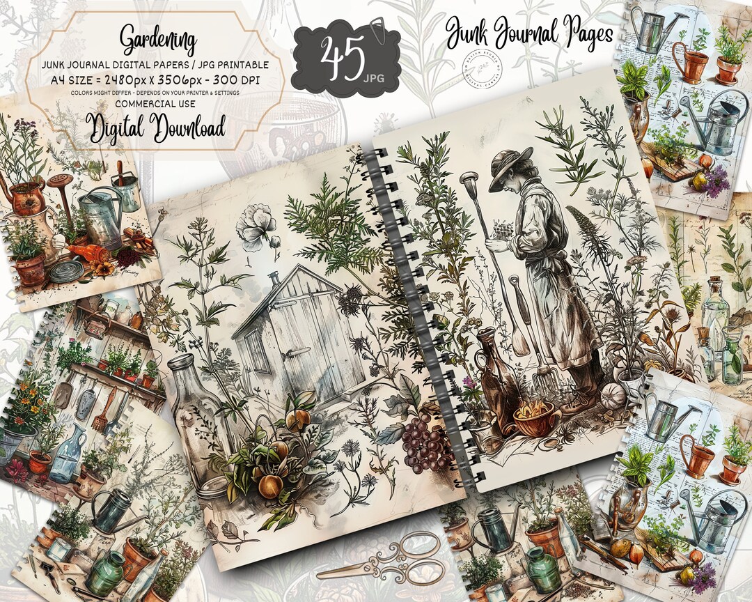 Gardening Junk Journal Pages: Vintage Watercolor Botany (digital ...