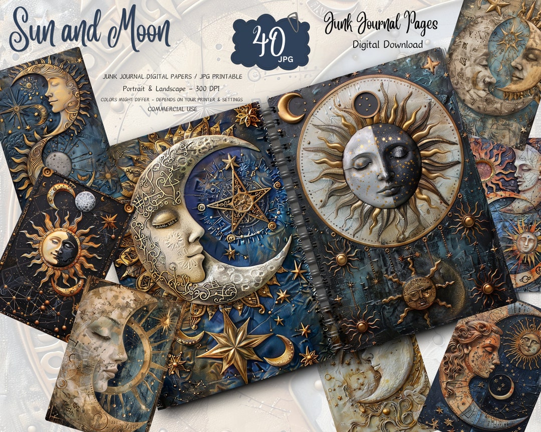 Celestial Sun,moon Junk Journal Pages, Digital Scrapbook Paper Kit ...