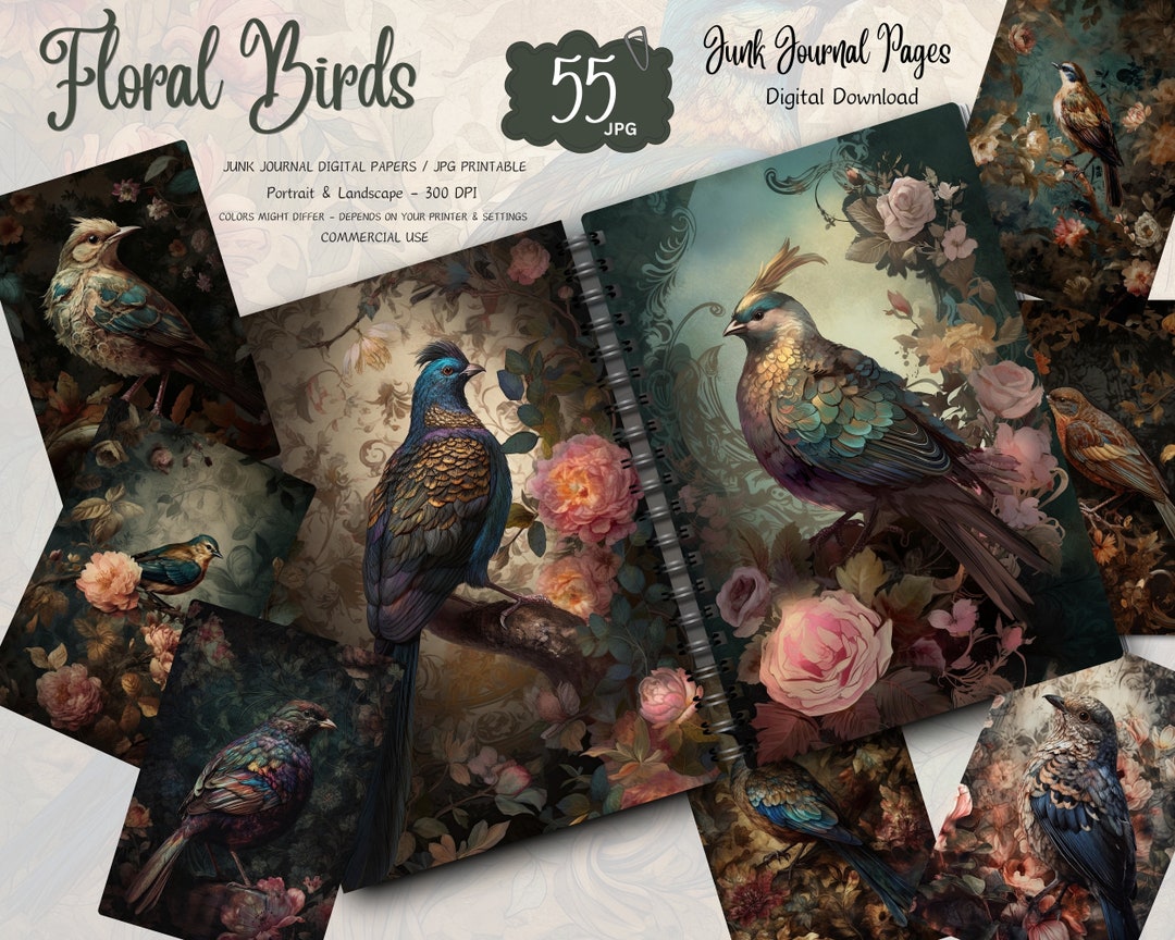 Vintage Bird Junk Journal Pages, Digital Floral Scrapbook Paper Kit ...
