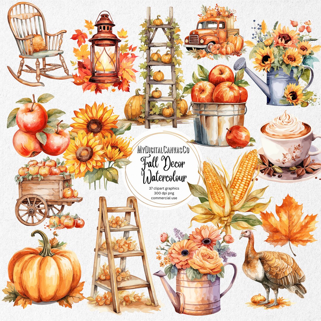 Watercolor Fall Decor Clipart - Autumn Watercolor in PNG Format Instant ...