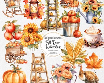 Watercolor Fall Decor Clipart - Autumn Watercolor in PNG Format Instant ...
