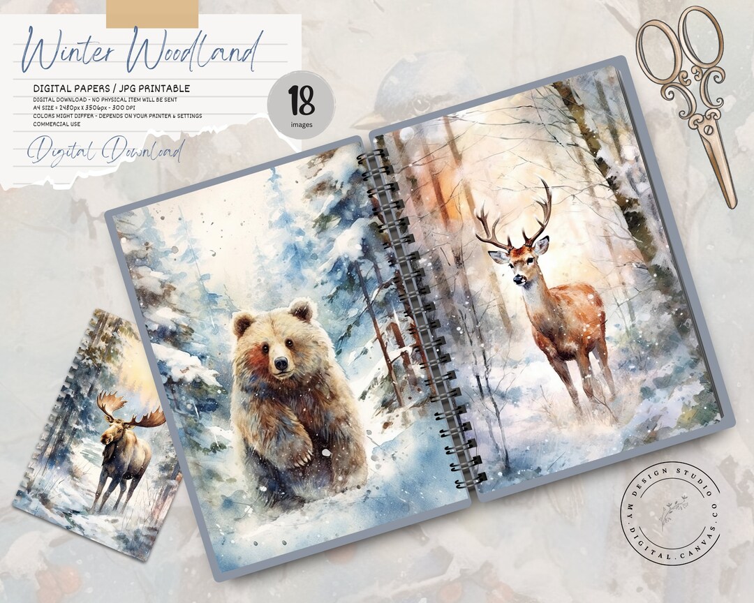Snowy Woodland Animals Digital Paper: Winter Junk Journal (digital ...