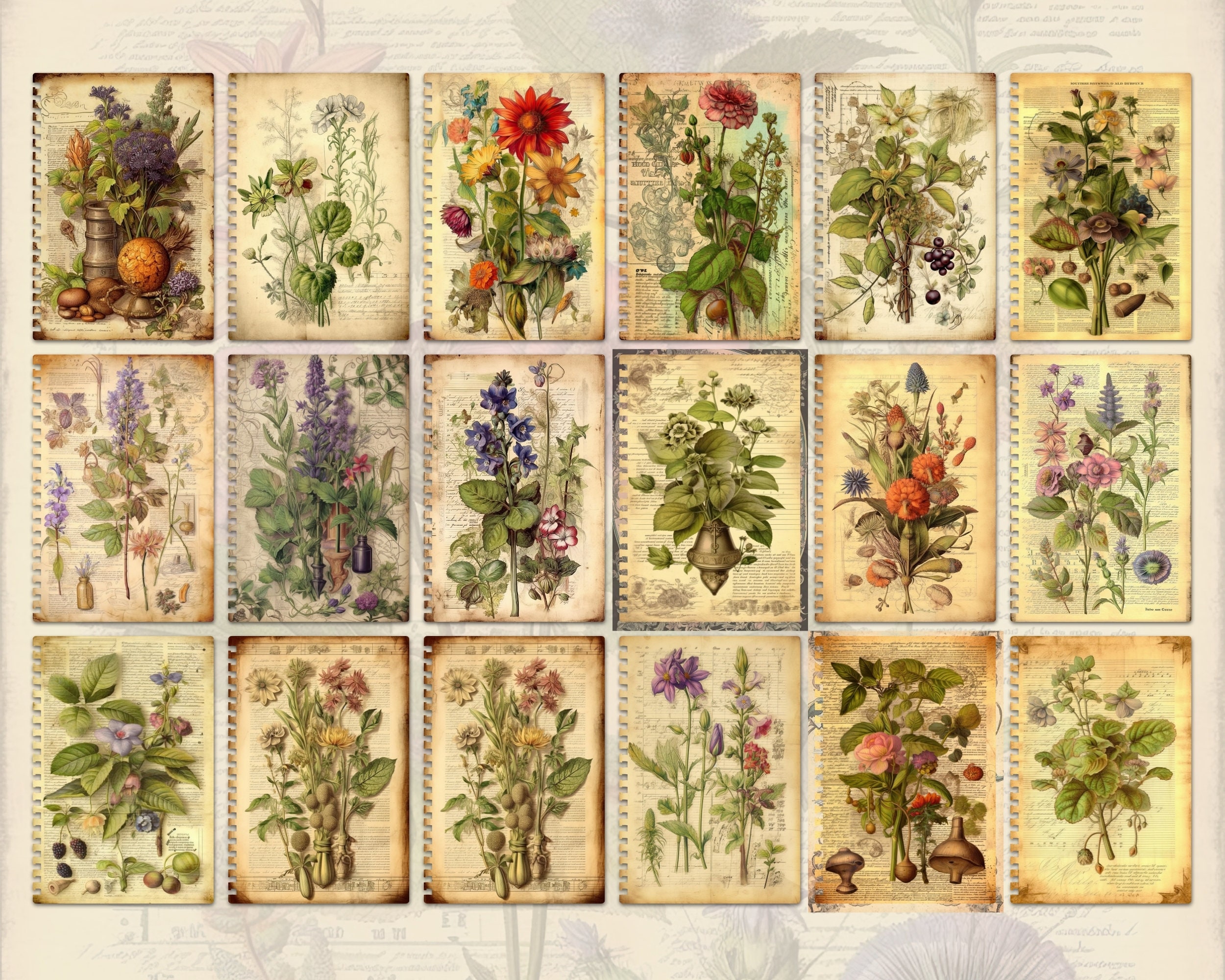 Botanical Herbs Junk Journal Pages, Digital Scrapbook Paper Kit, Herbal ...