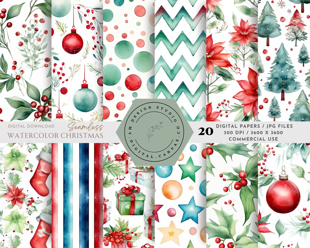 Watercolor Christmas Digital Paper, Seamless Printable Textures ...