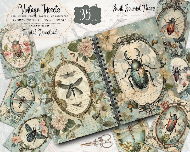 Vintage Insects Junk Journal Pages, Digital Scrapbook Paper Kit ...