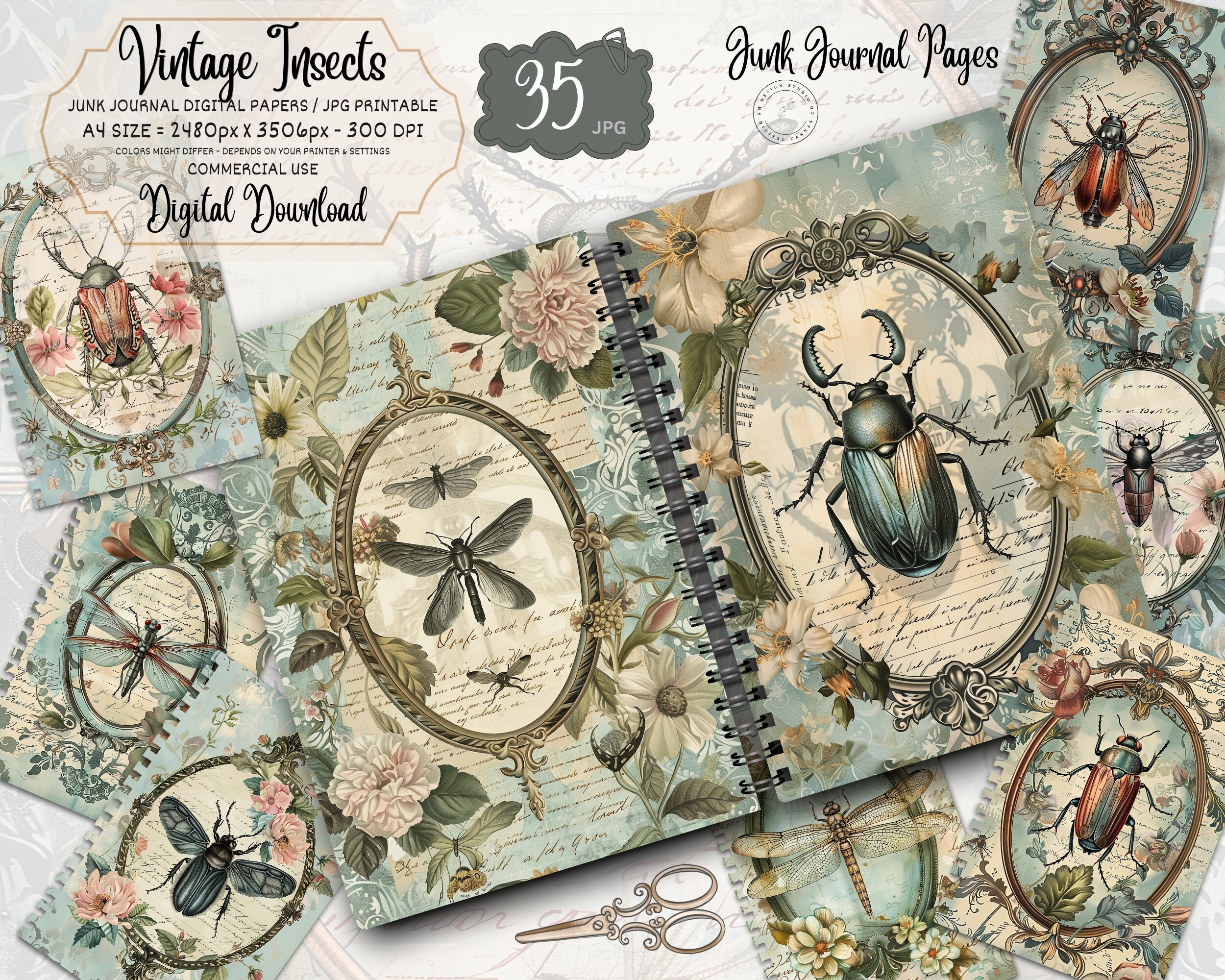 Vintage Insects Junk Journal Pages, Digital Scrapbook Paper Kit ...