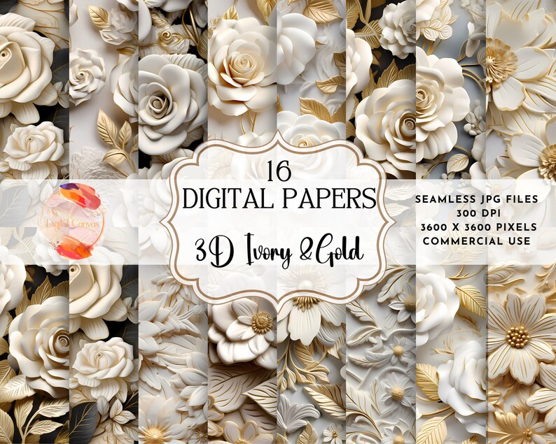 3D Ivory and Gold Floral SEAMLESS Patterns 3D Ivory and Gold Flowers ...