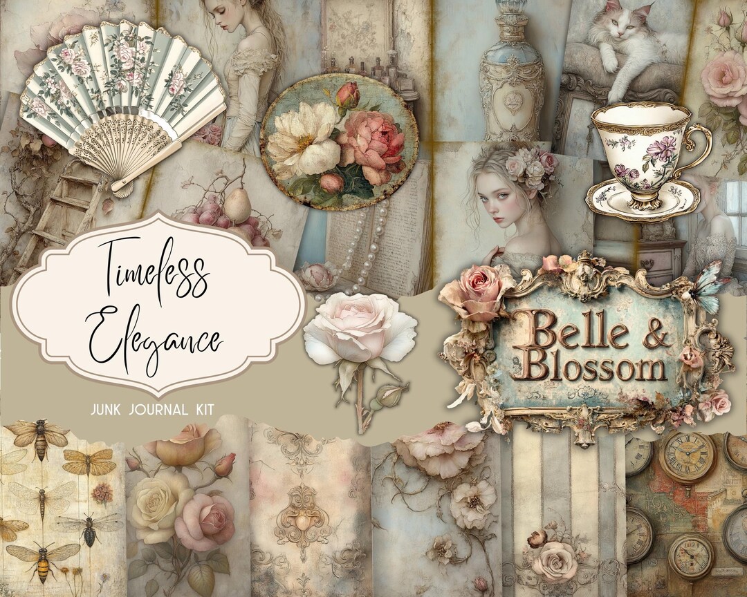 Vintage Floral Junk Journal Kit | Shabby Chic Ephemera (digital ...