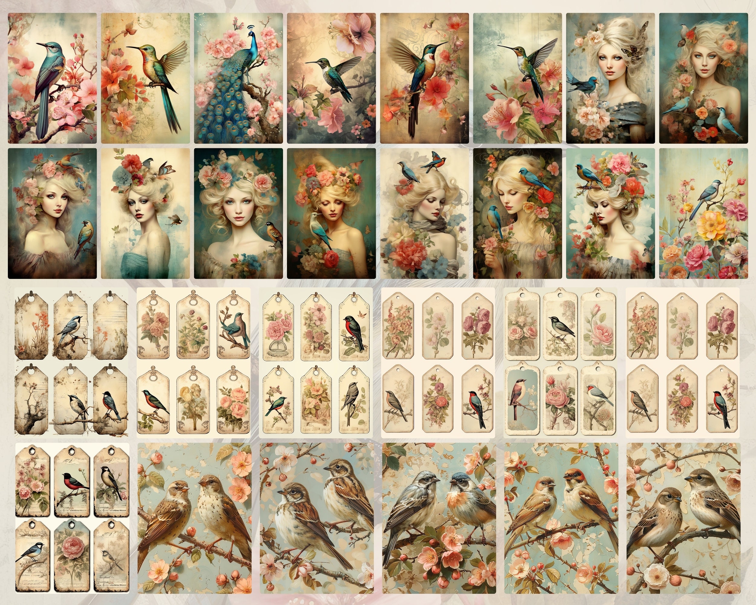 Vintage Bird Junk Journal Kit, Digital Floral Scrapbook Paper Kit ...