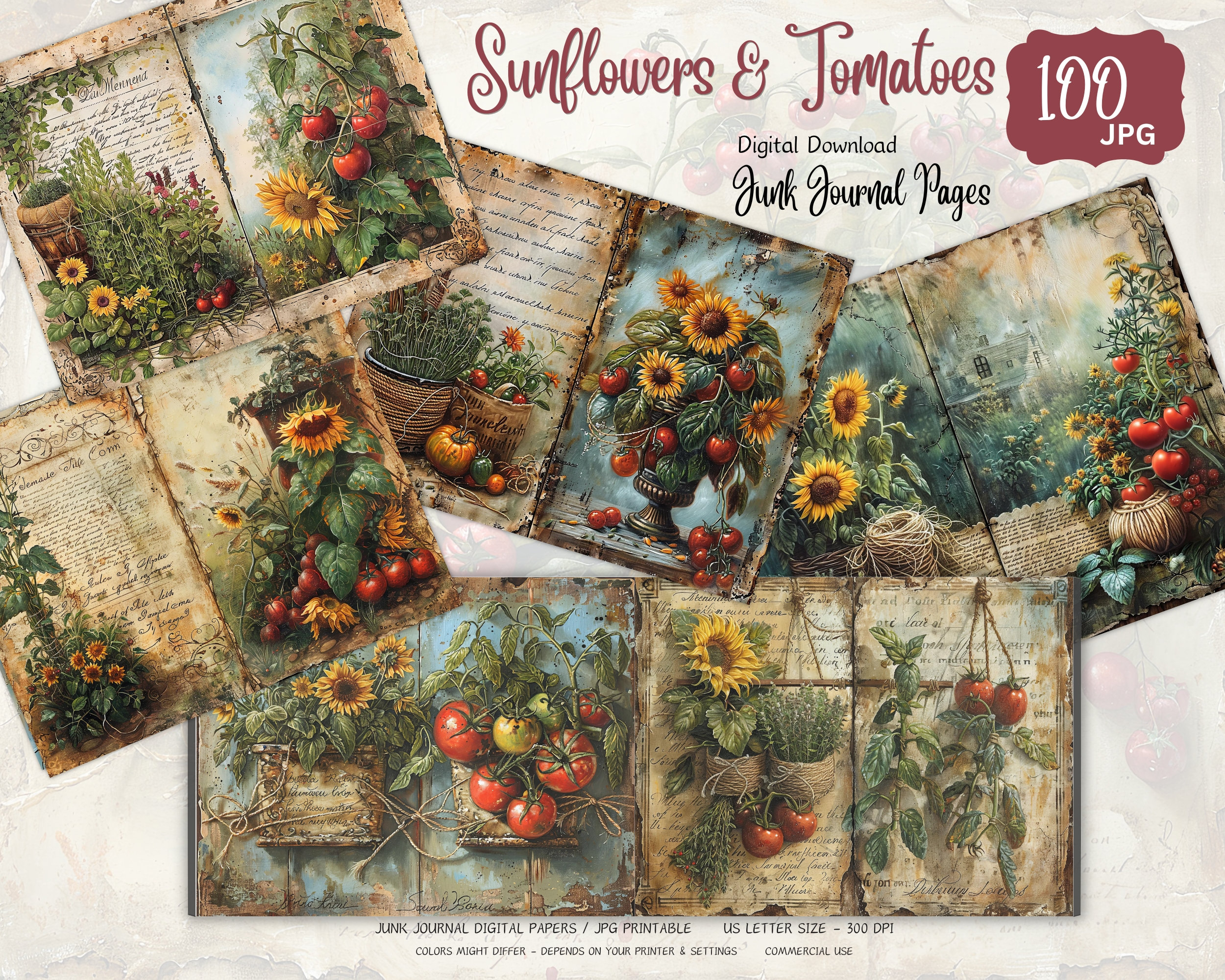 Junk Journal Kit Sunflower Tomato, Vintage Garden Ephemera Collage ...