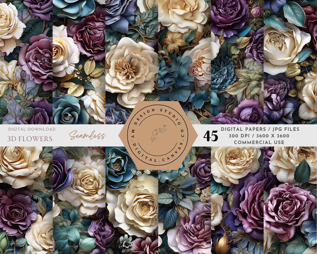 3D Floral SEAMLESS Patterns - 3D Flowers Digital Paper - 45 Designs ...