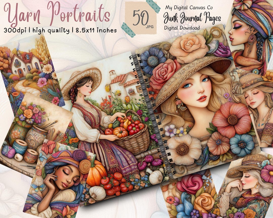 Yarn Portraits Junk Journal Pages, Digital Scrapbook Paper Kit, Yarn ...