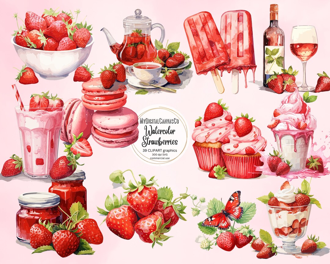 Watercolor Strawberries Clipart - Digital Png SVG Strawberry Cupcake ...
