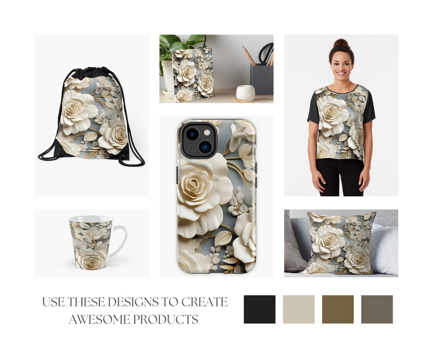 3D Ivory and Gold Floral SEAMLESS Patterns 3D Ivory and Gold Flowers ...