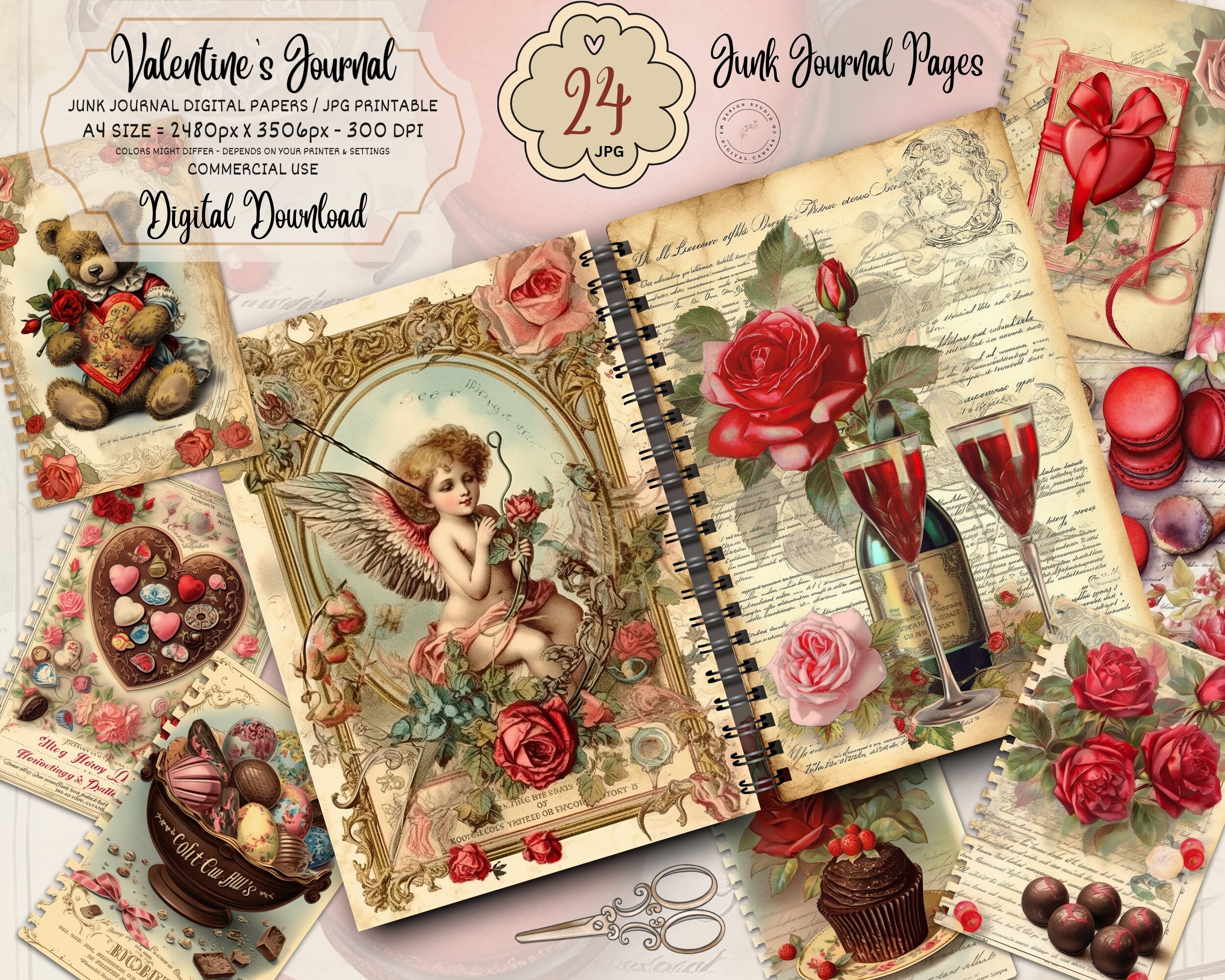 Vintage Valentine Ephemera Printable Valentines Junk Journal, Digital ...