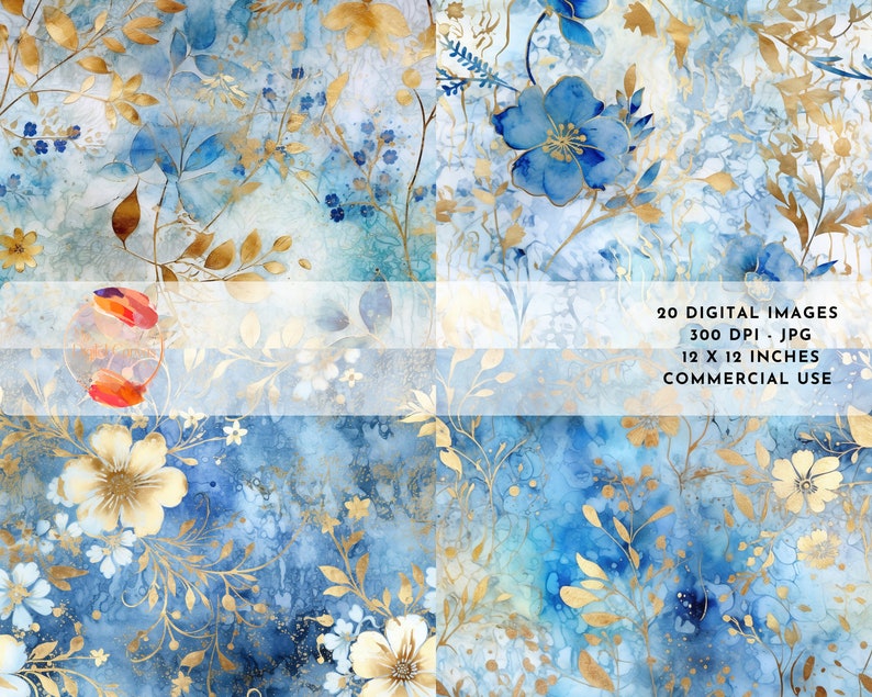 Distressed Blue and Gold Digital Paper, Gold Foil Patterns, Vintage ...