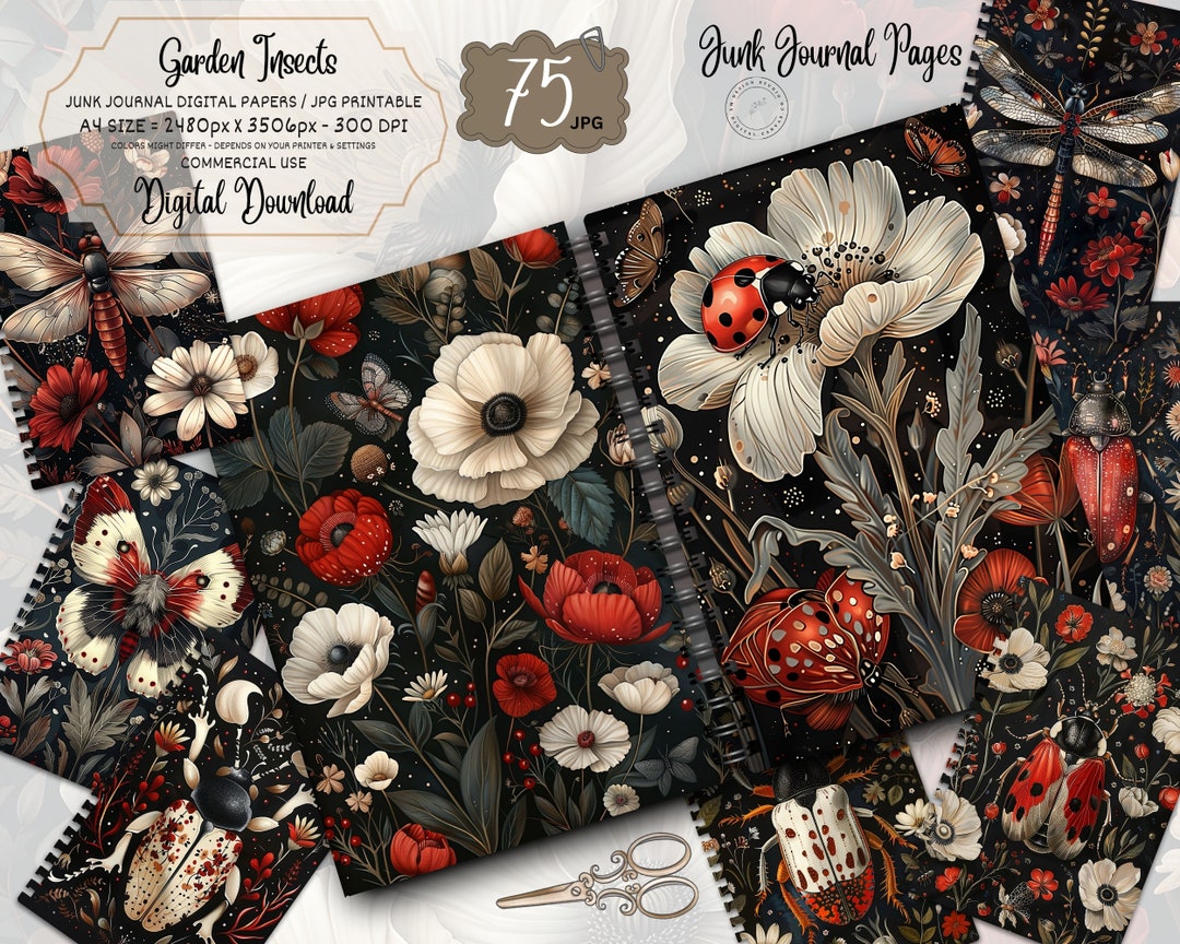 Dark GARDEN INSECTS Junk Journal Pages, Digital Scrapbook Paper Kit ...