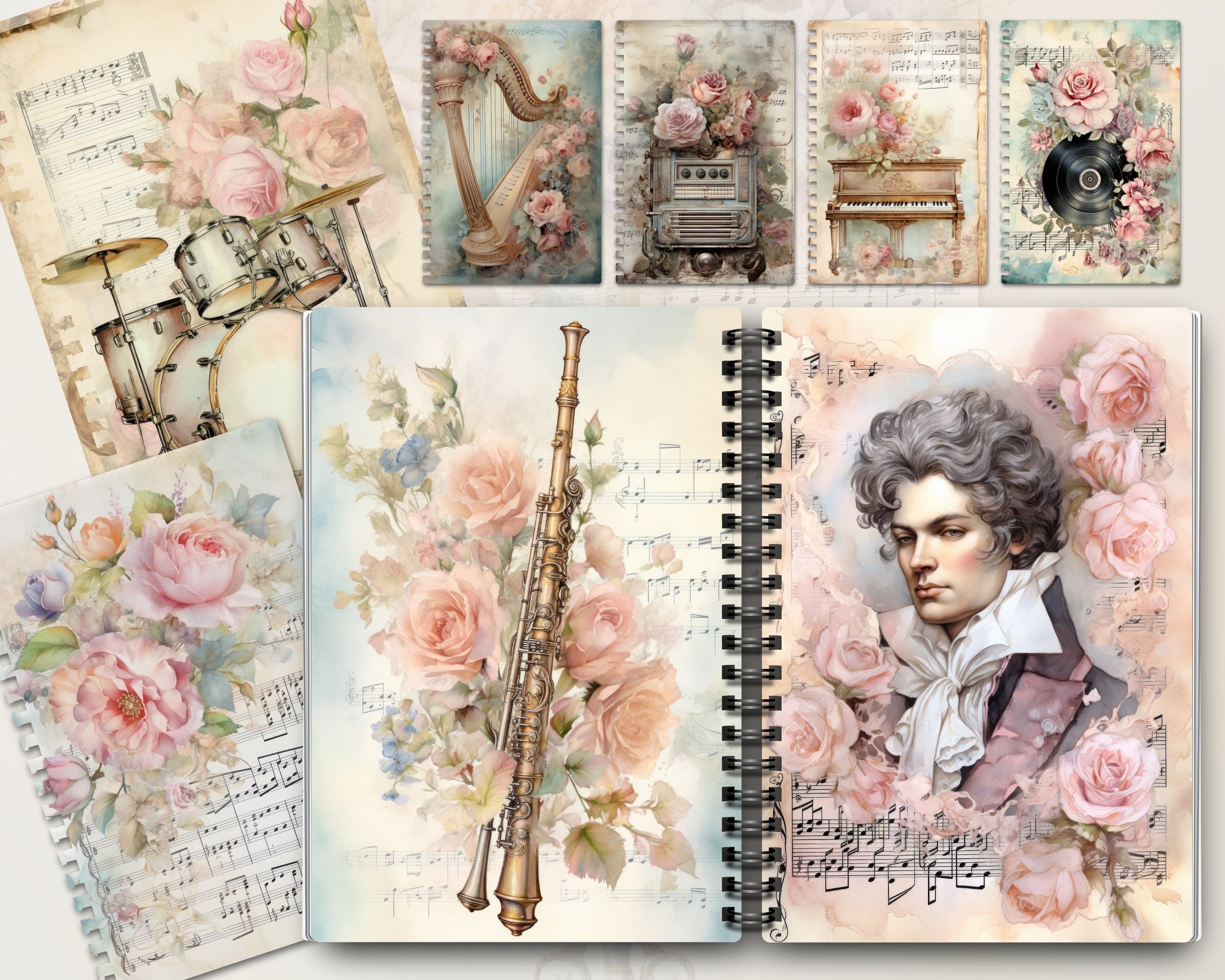 Vintage Music Junk Journal Pages, Digital Scrapbook Paper Kit, Musical ...