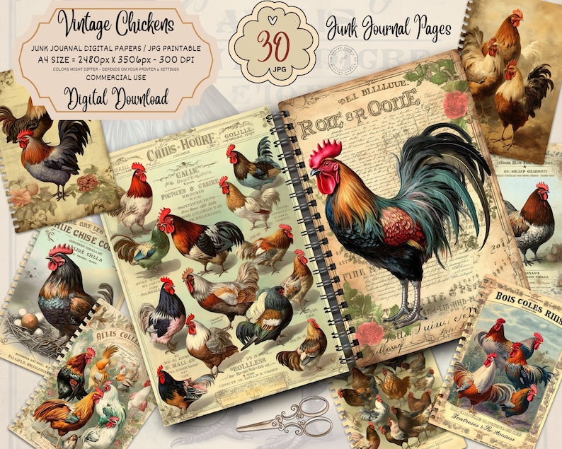Vintage Farm Ephemera CHICKEN and ROOSTER Digital Collage Sheet ...