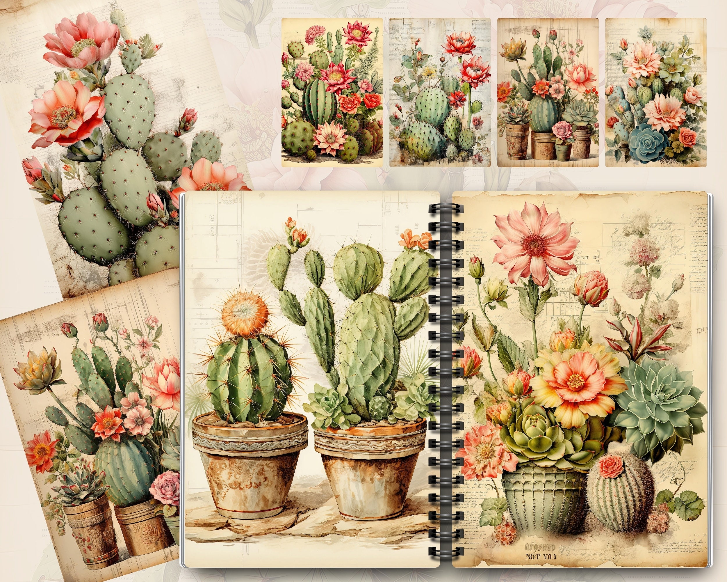 Cactus Junk Journal Kit, Watercolor Cactus Succulent Journal Pages ...