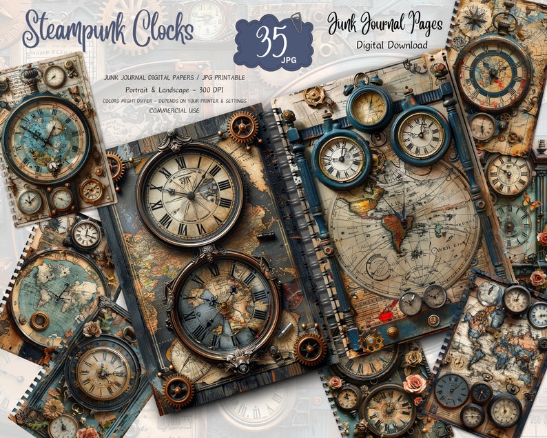Steampunk Clocks Junk Journal Pages, Digital Industrial Paper, Digi ...