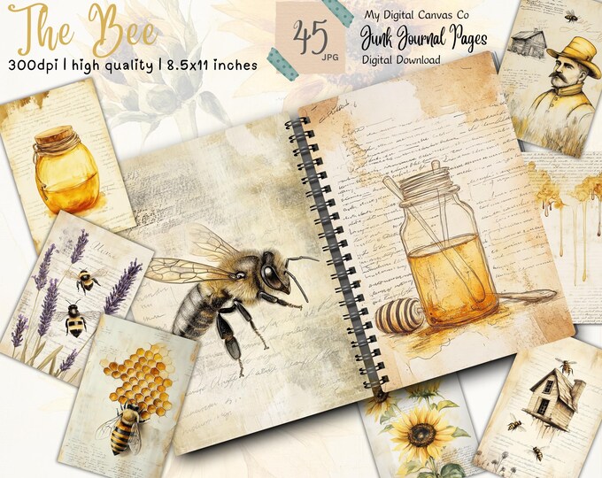 Bee Junk Journal Printable, Vintage Paper, Old Bees Collage, Craft Kit, Watercolor Bumble Bees ...