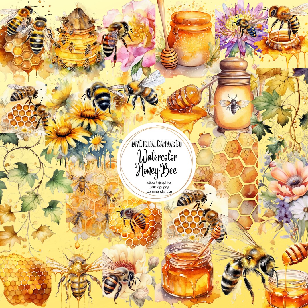 Watercolor Honey Bee Clipart, Spring Garden Bee and Honey Drips Clip ...