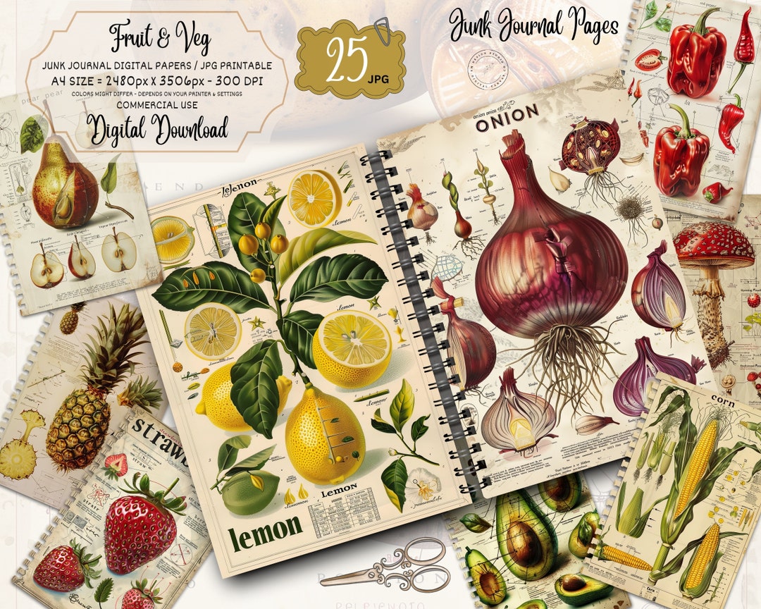 Fruit and Vegetable Journal Pages, Digital Watercolor Scrapbook Paper ...