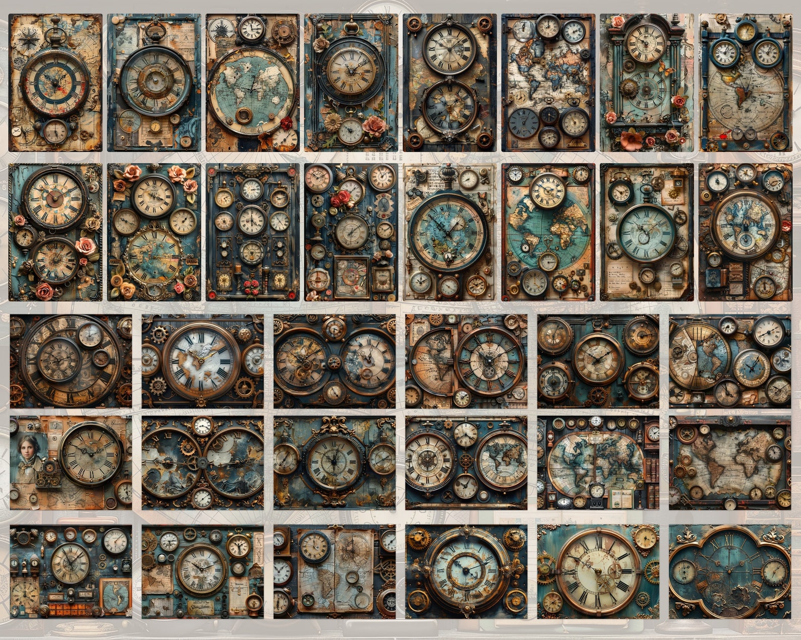 Steampunk Clocks Junk Journal Pages, Digital Industrial Paper, Digi Collage Sheet, Mechanical ...